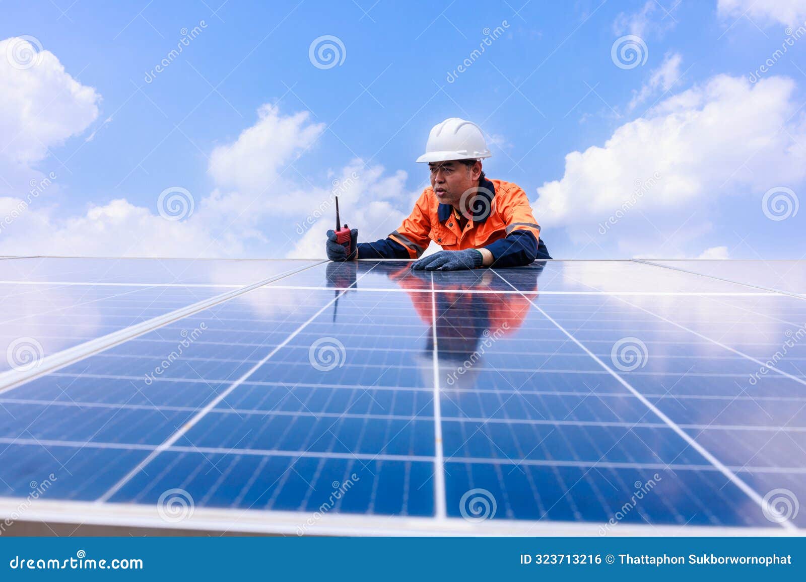 Engineer Einspects Solar Panels, Angle View Blue Sky Backgrounds Stock ...