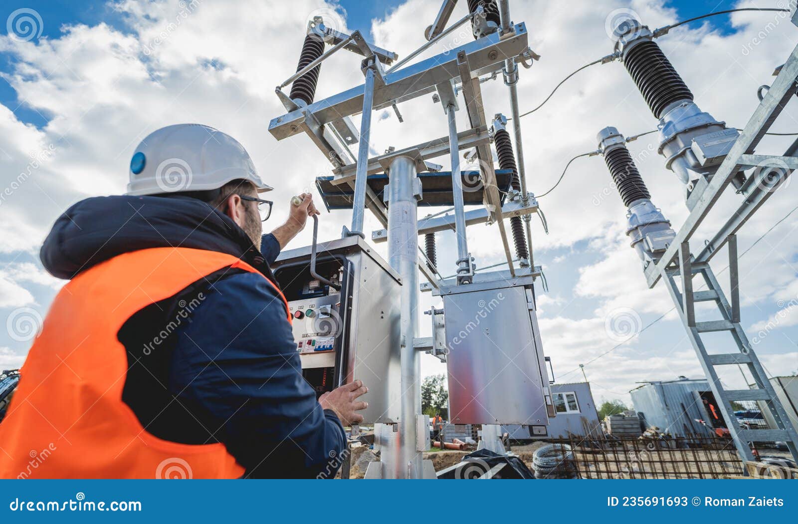 Engineer Electrician Check the Substation Construction Process Stock ...