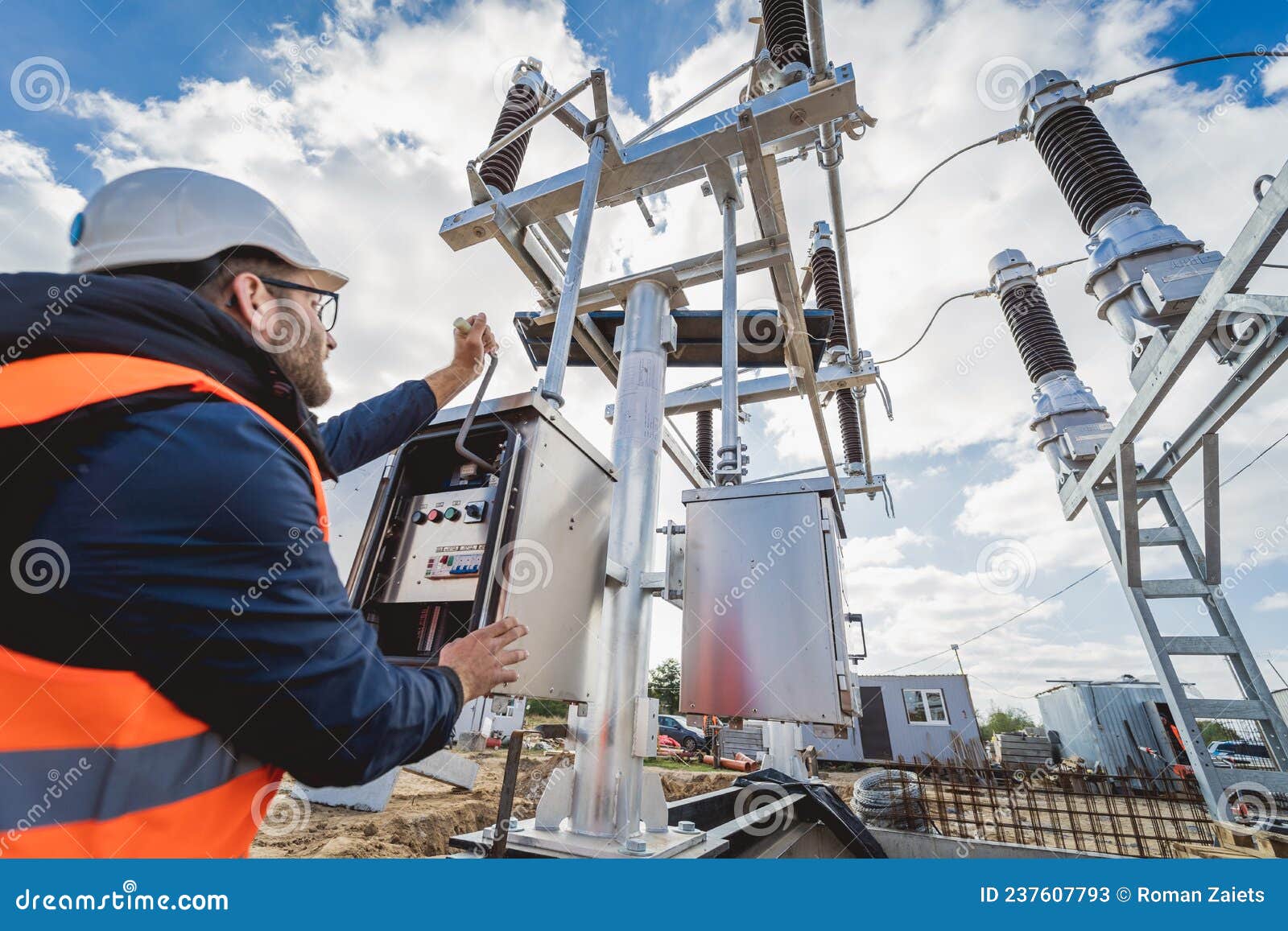 Engineer Electrician Check the Substation Construction Process Stock ...