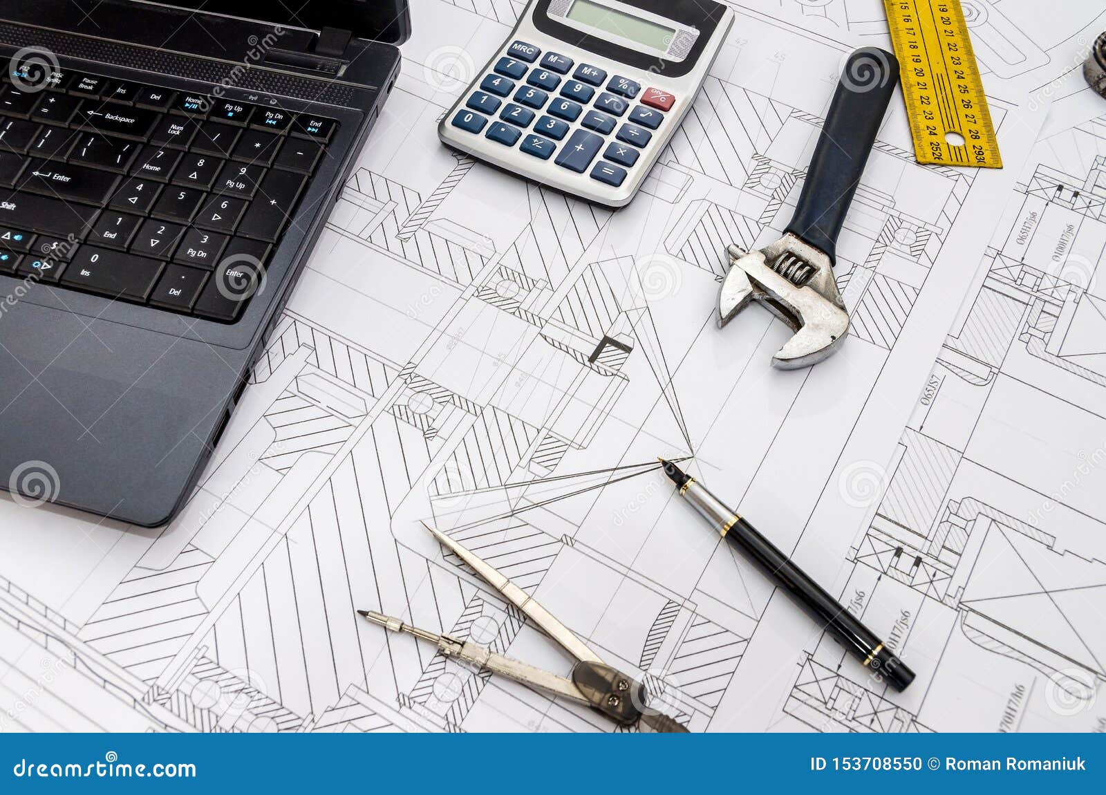 Engineer Equipment on Blueprint Background, Close Up Stock Photo ...
