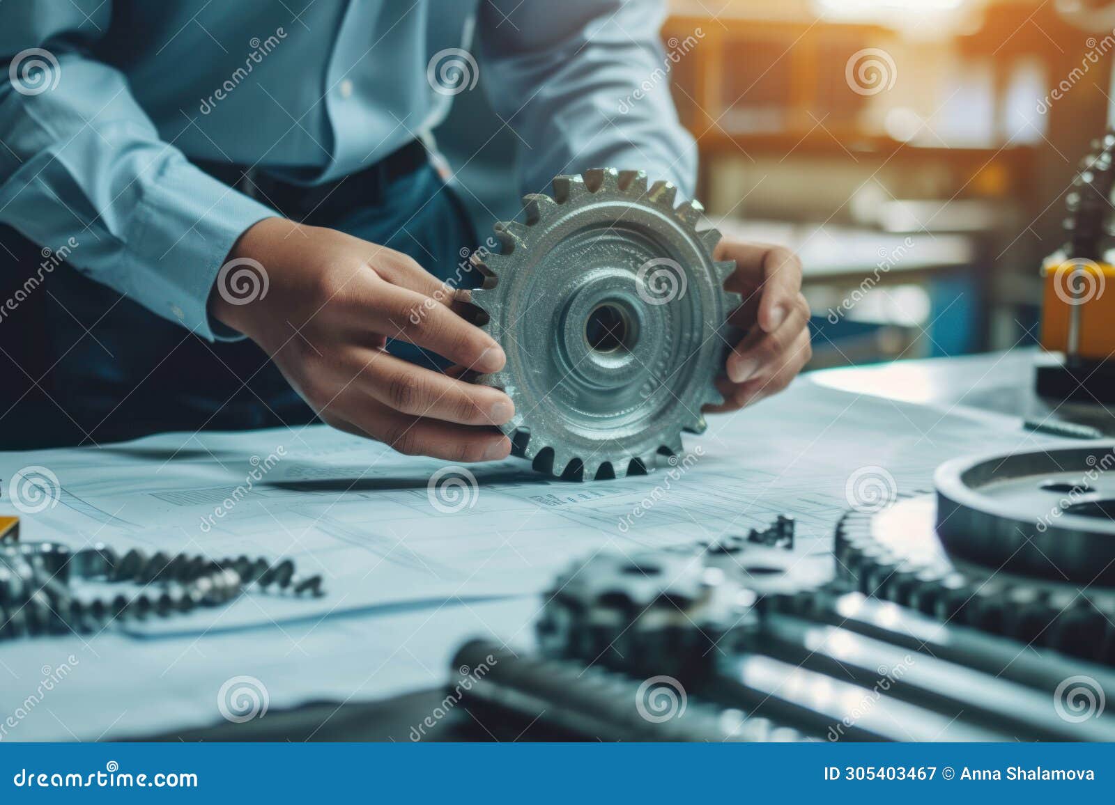 Engineer Evaluating Mechanical Gears with Technical Drawings on ...