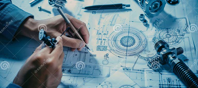 Engineer Examining Mechanical Components and Technical Blueprints for ...