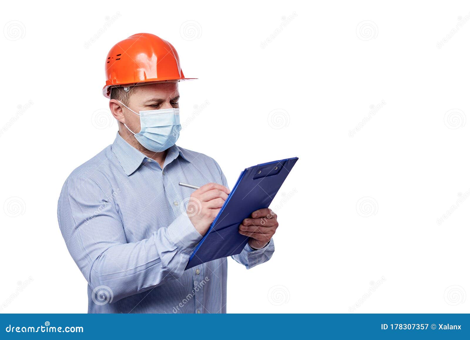 Engineer with Clipboard and Face Mask Stock Image - Image of hardhat ...