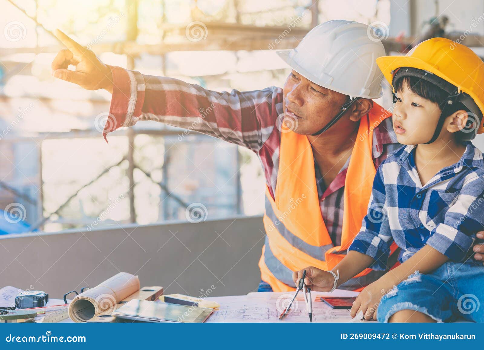 Engineer Father and Son Playing Together. Foreman Teaching Builder Boy ...
