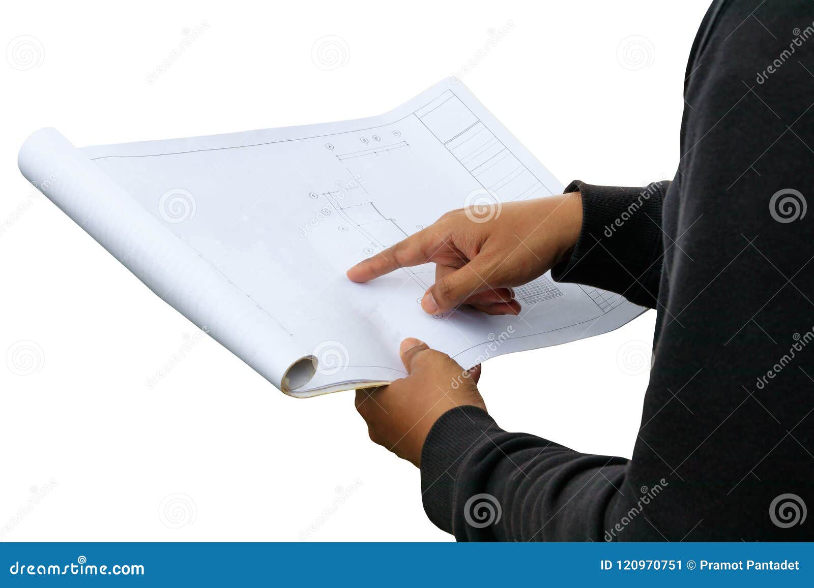 Engineer Finger Point on Paper Plan Blueprint in Check Building Stock ...