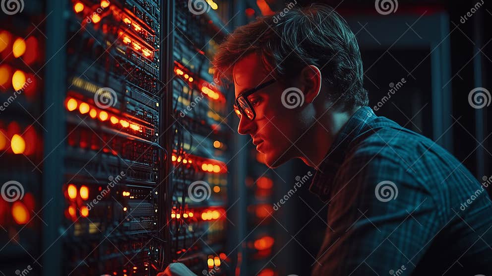 Engineer Fixing Issues in Server Room, Surrounded by Racks of Blinking ...