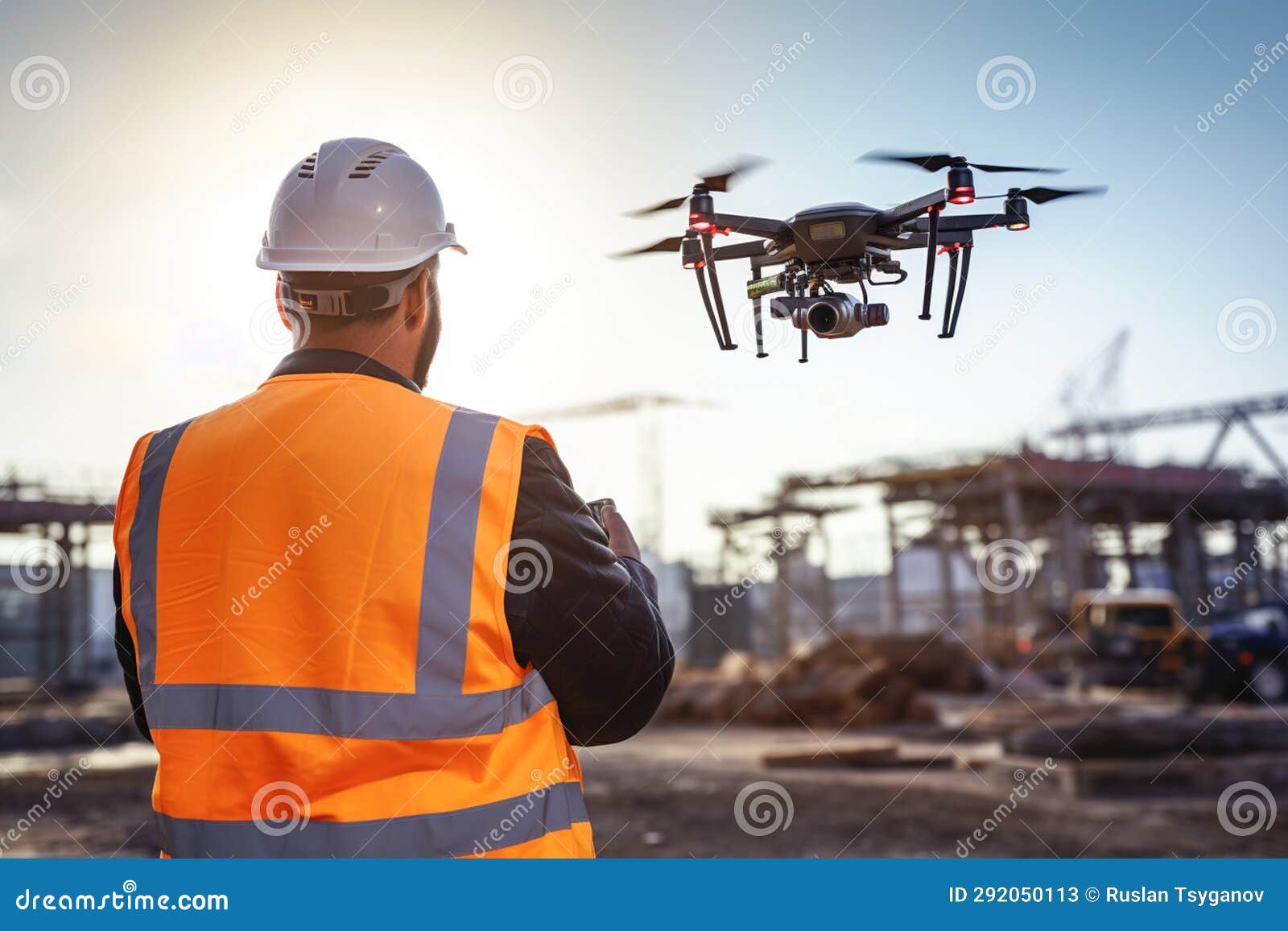 Engineer Flies a Drone Over a Construction Site. Operator Inspecting ...