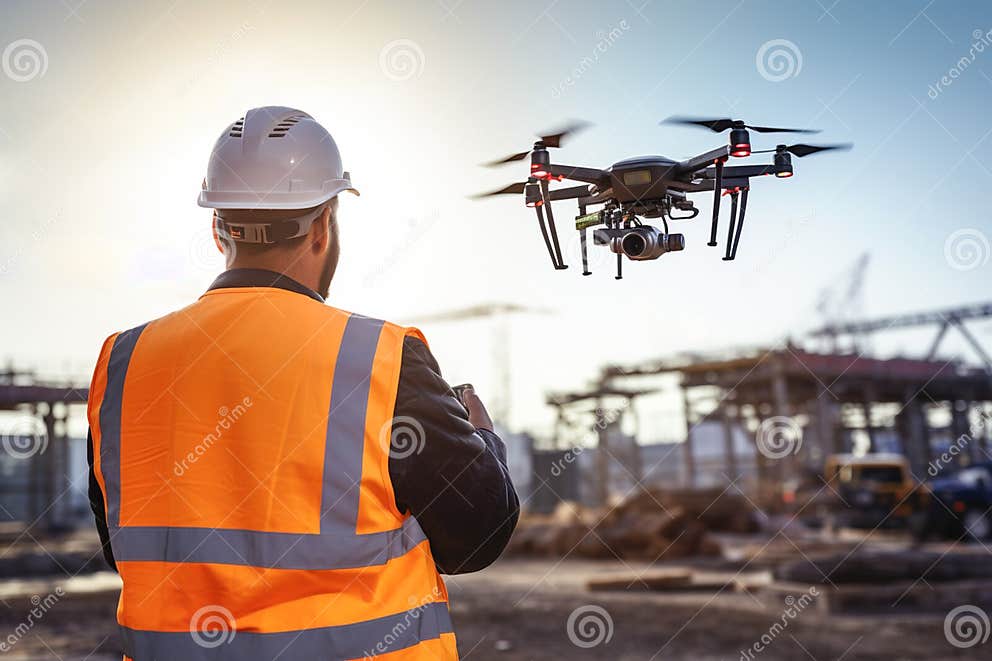 Engineer Flies a Drone Over a Construction Site. Operator Inspecting Construction Building Site ...