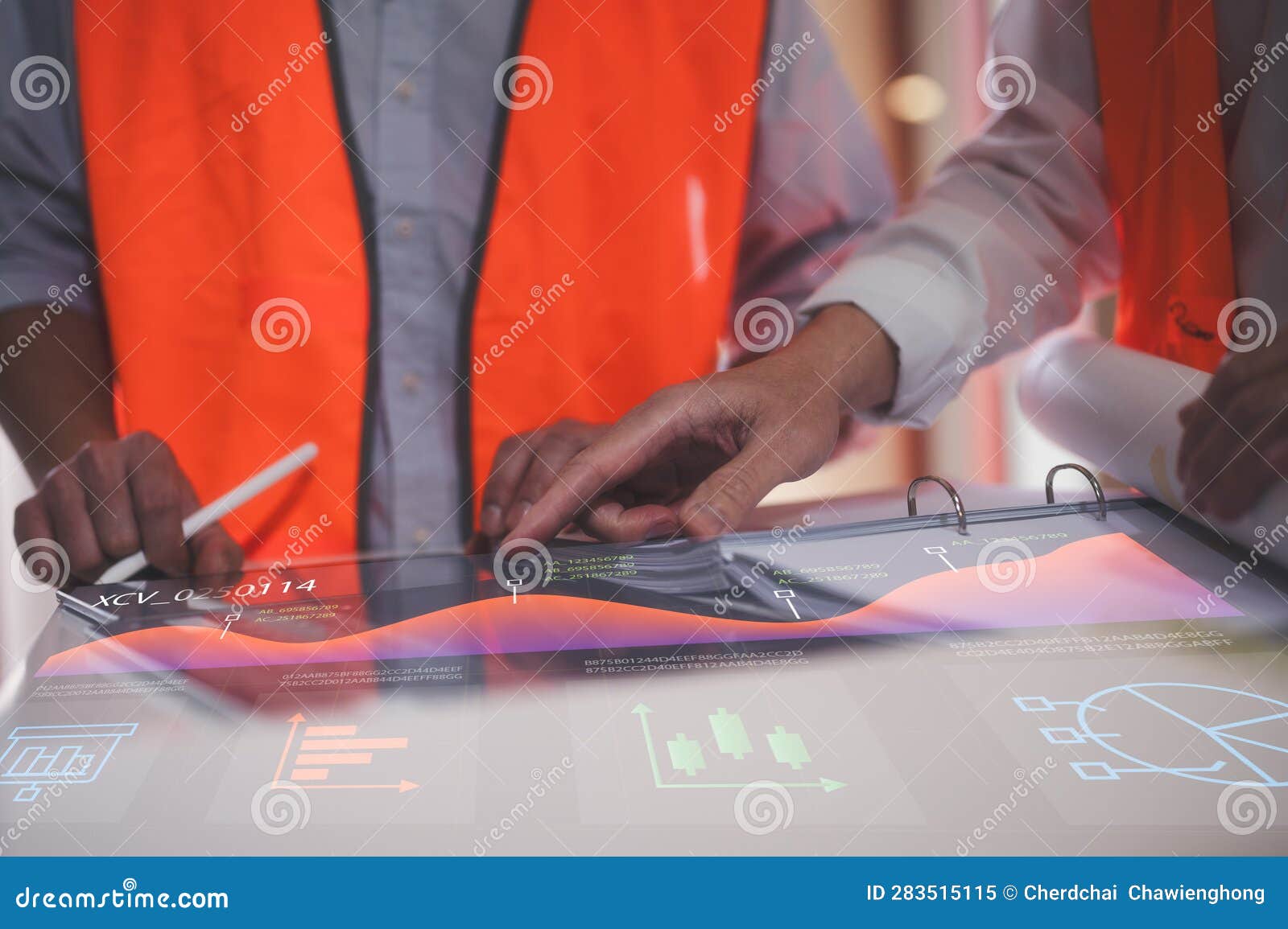 Engineer or Foreman Using Tablet and Pen Presenting Virtual Chart ...