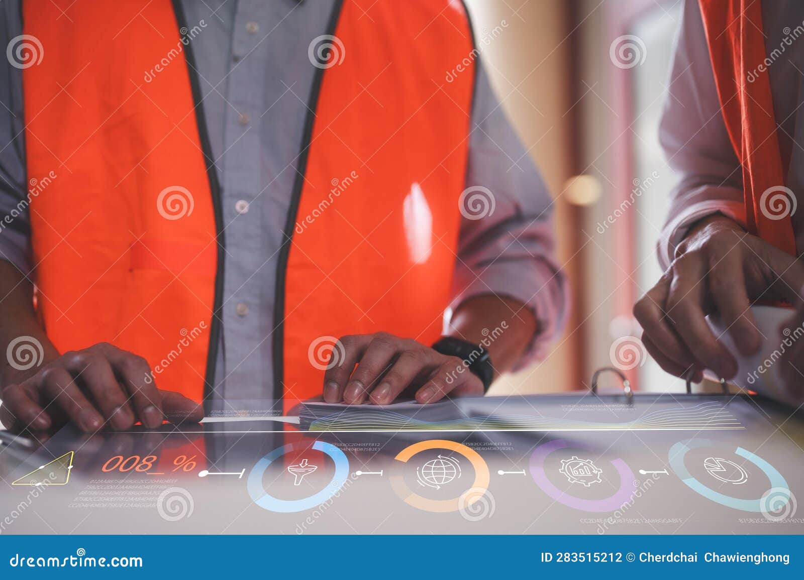Engineer or Foreman Using Tablet and Pen Presenting Virtual Chart ...