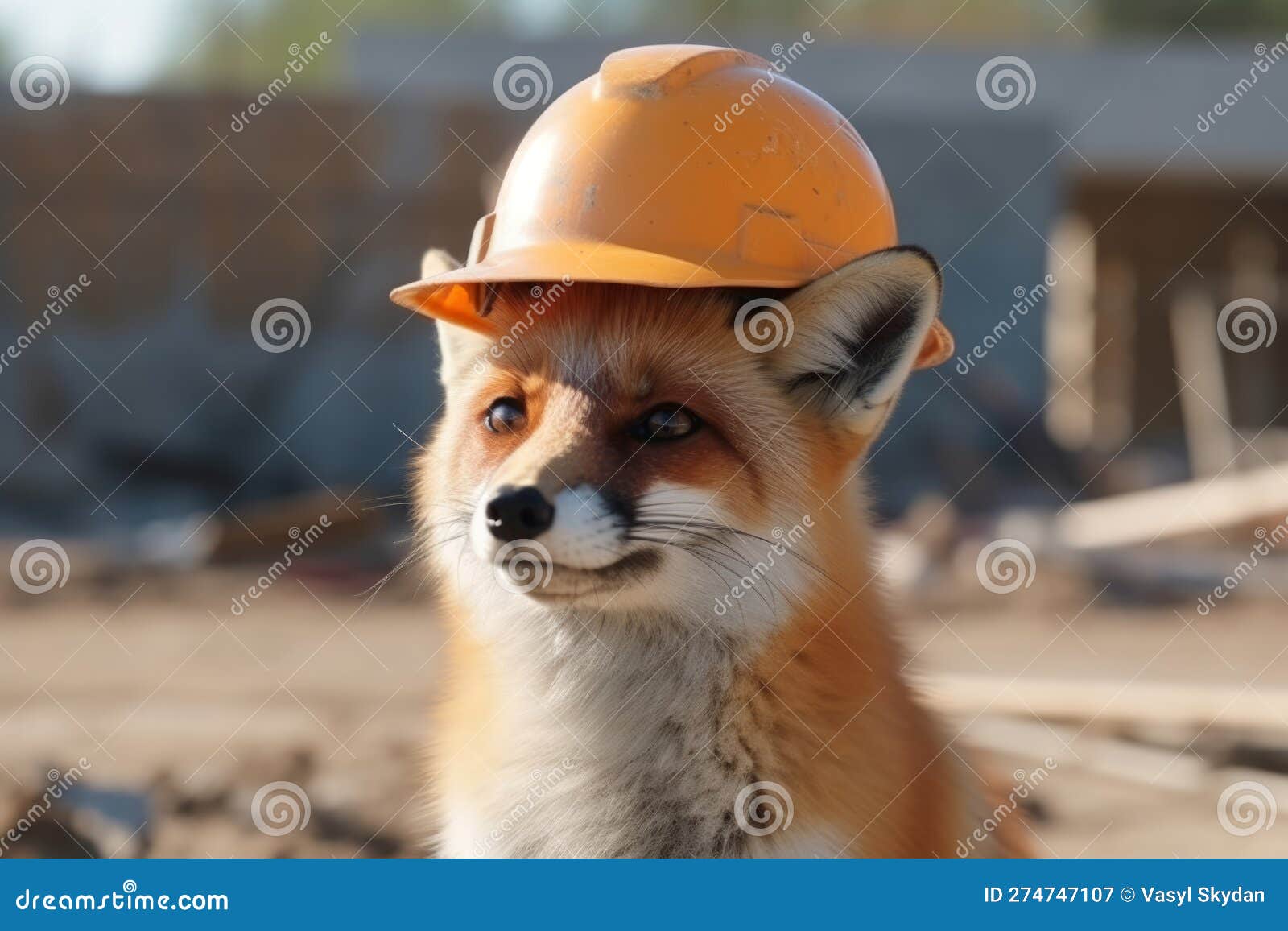 Engineer Fox in a Work Helmet on a Construction Site. Construction of a ...