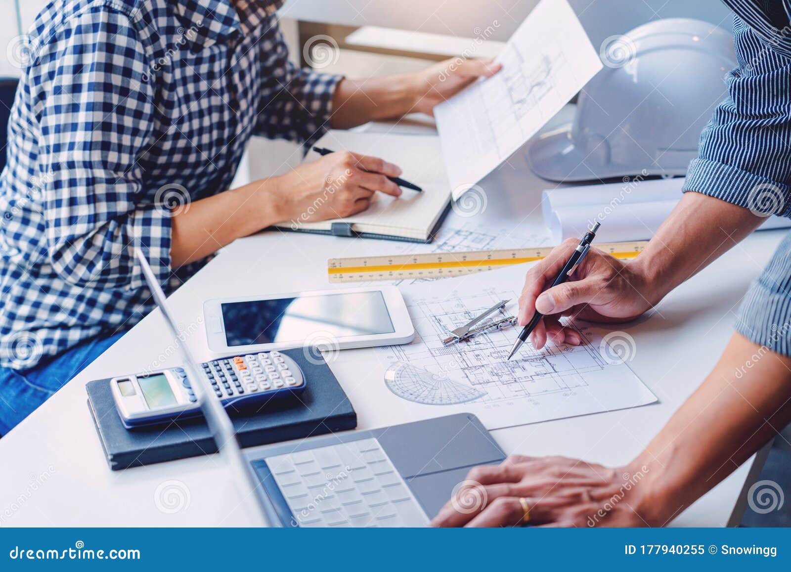 Engineer Hand Drawing Plan on Blue Print with Architect Equipment ...