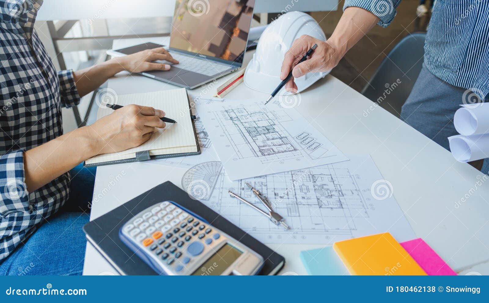 Engineer Hand Drawing Plan on Blue Print with Architect Equipment ...