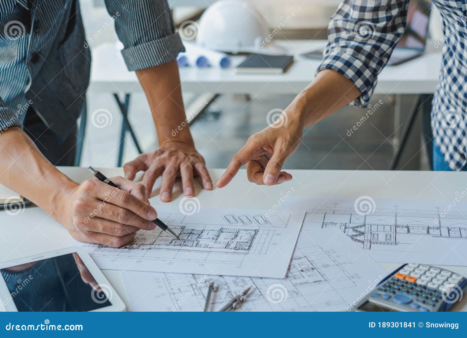 Engineer Hand Drawing Plan on Blue Print with Architect Equipment ...