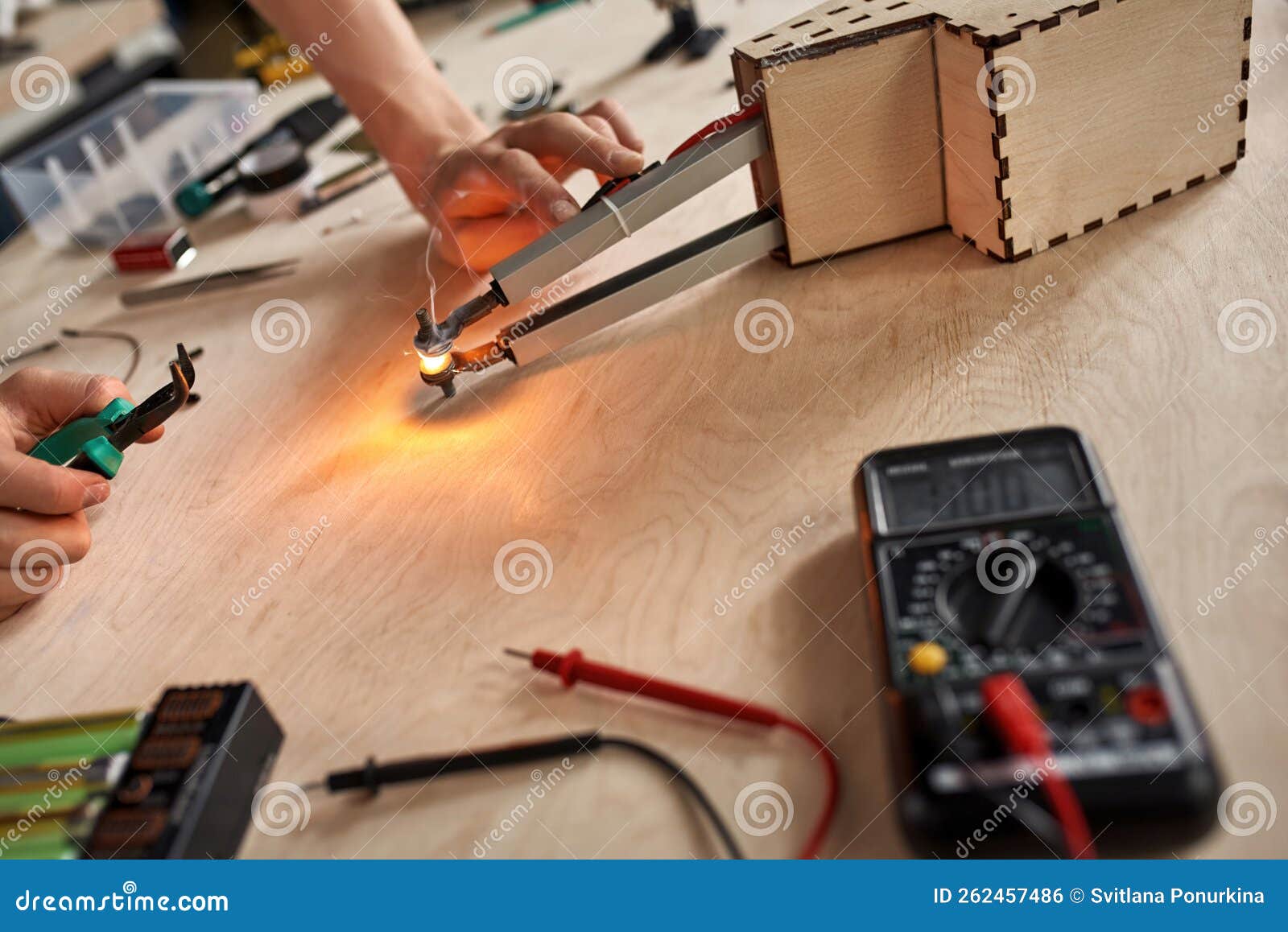 Engineer Hands Doing Experiment at Wooden Table Stock Photo - Image of ...