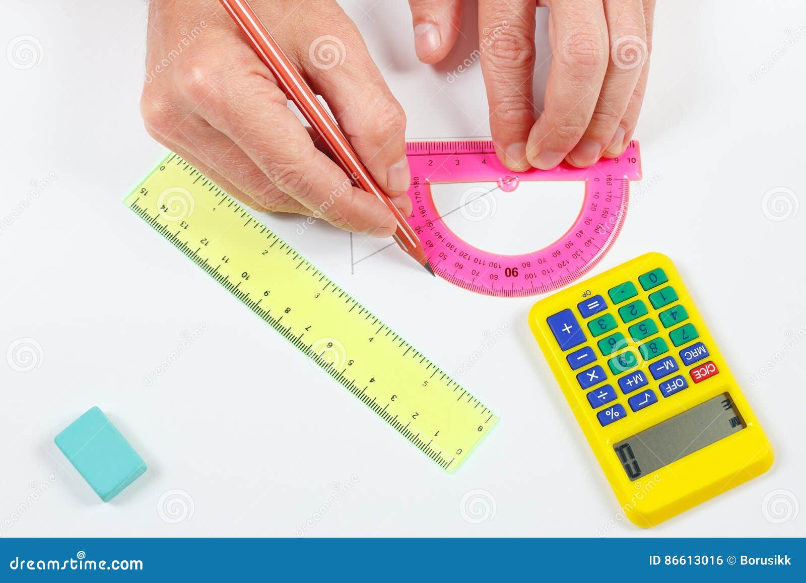 Engineer Hands Draw with a Pencil and Ruler on White Sheet of Paper ...