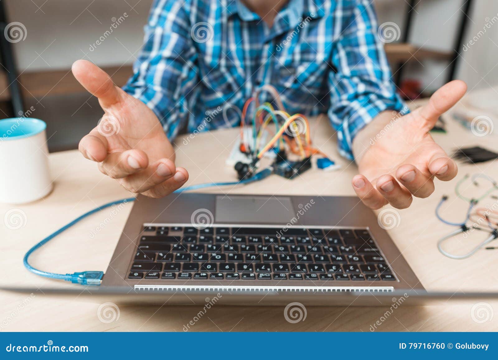 Engineer Hands Raised Up in Desperate To Laptop Stock Photo - Image of ...