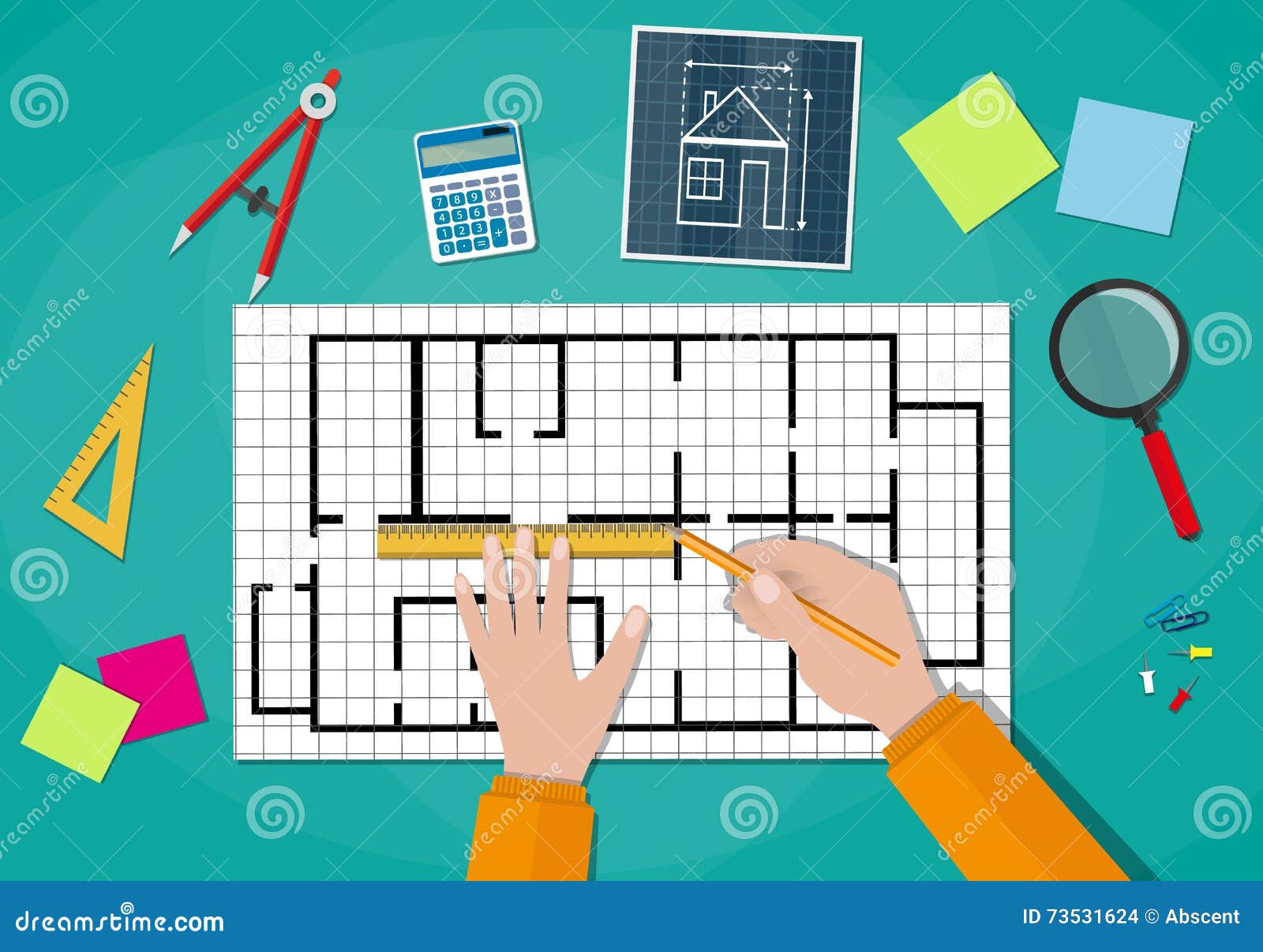 Engineer Hands Working on Blueprint Stock Vector - Illustration of ...