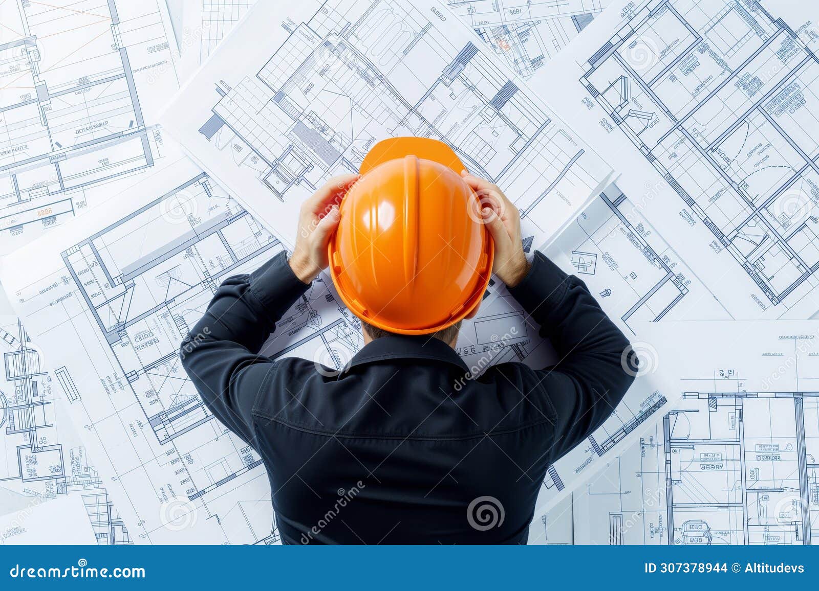 Engineer with Hard Hat, Hands on Head among Blueprints Stock Photo ...