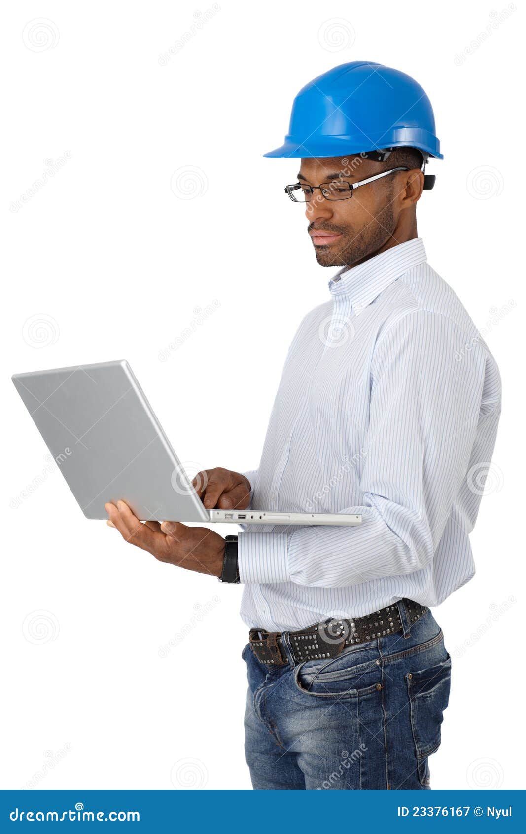 Engineer in Hardhat with Computer Stock Image - Image of afro, design ...