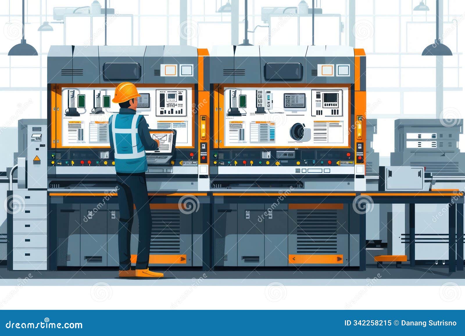 An Engineer in a Hardhat and Safety Vest Stands in Front of a Control ...