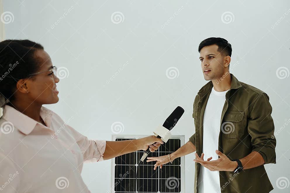Engineer Having Interview with Journalist Stock Photo - Image of speak ...