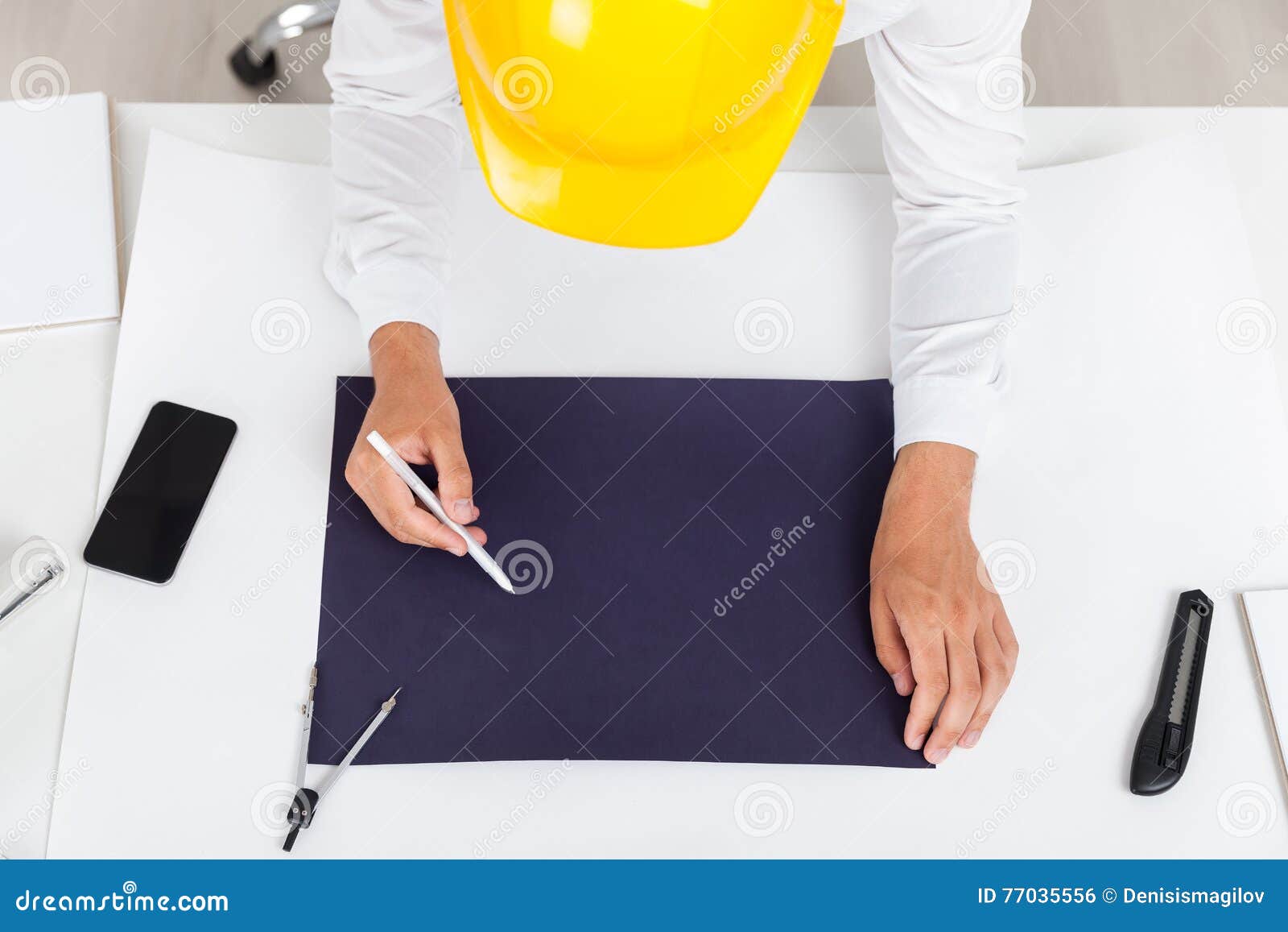 Engineer in Helmet Drawing Blueprint Stock Photo - Image of happiness ...