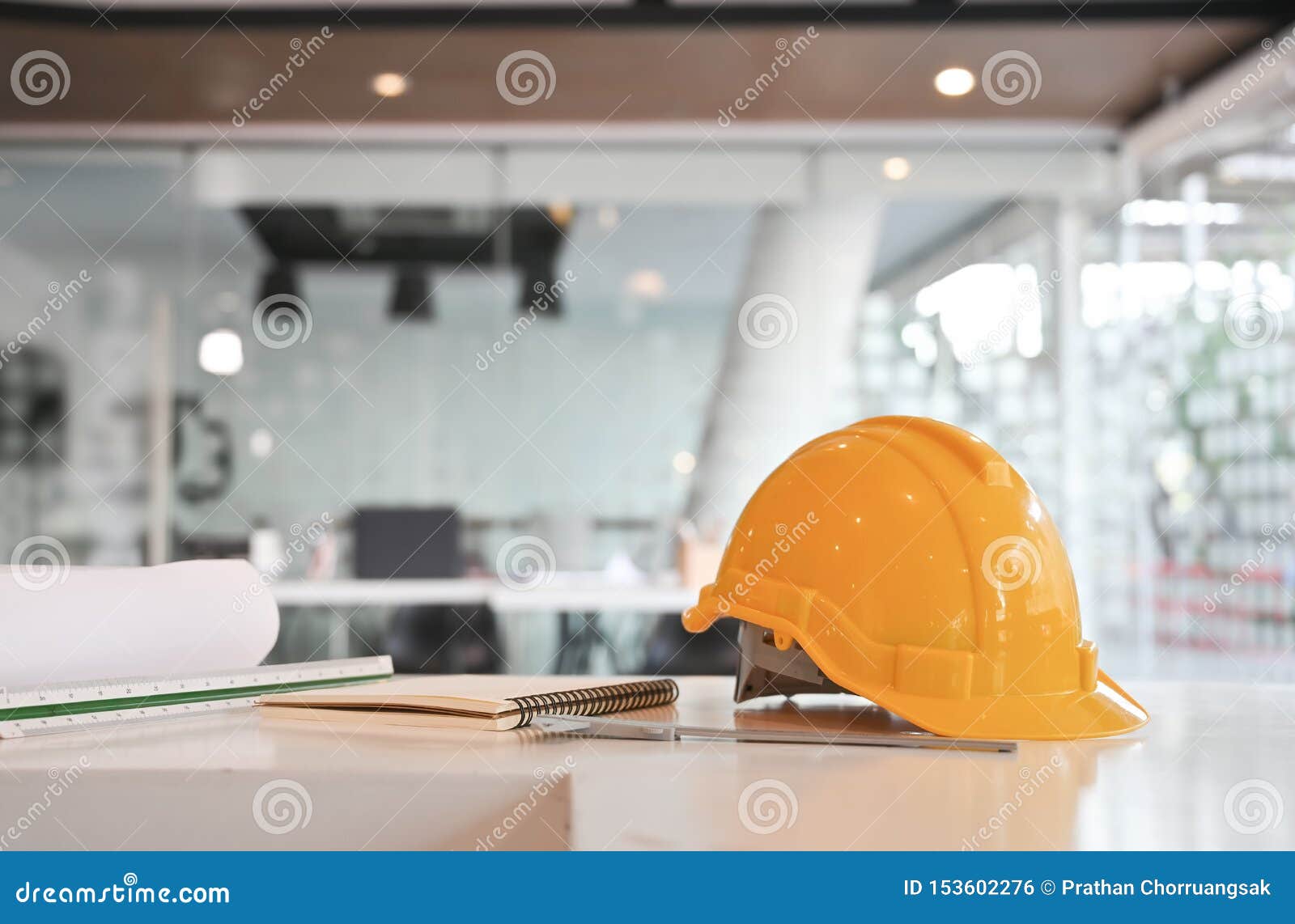 Engineer Helmet and Drawing Equipment. Architectural Office Desk ...