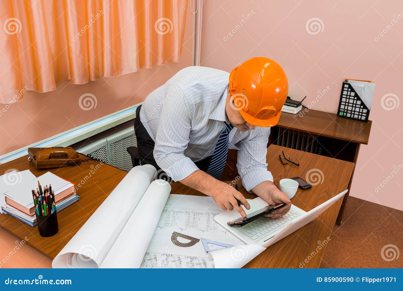 Engineer in Helmet Working with Drawings Stock Photo - Image of ...