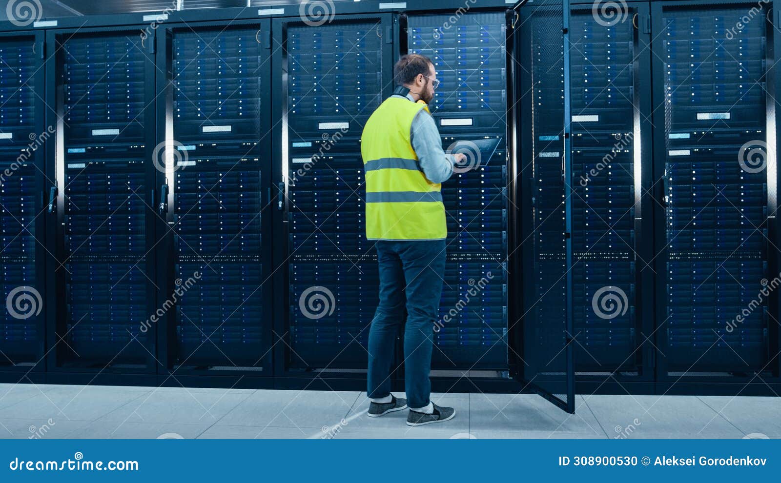 It Engineer in High Visibility Vest is Working on Laptop in Data Center ...