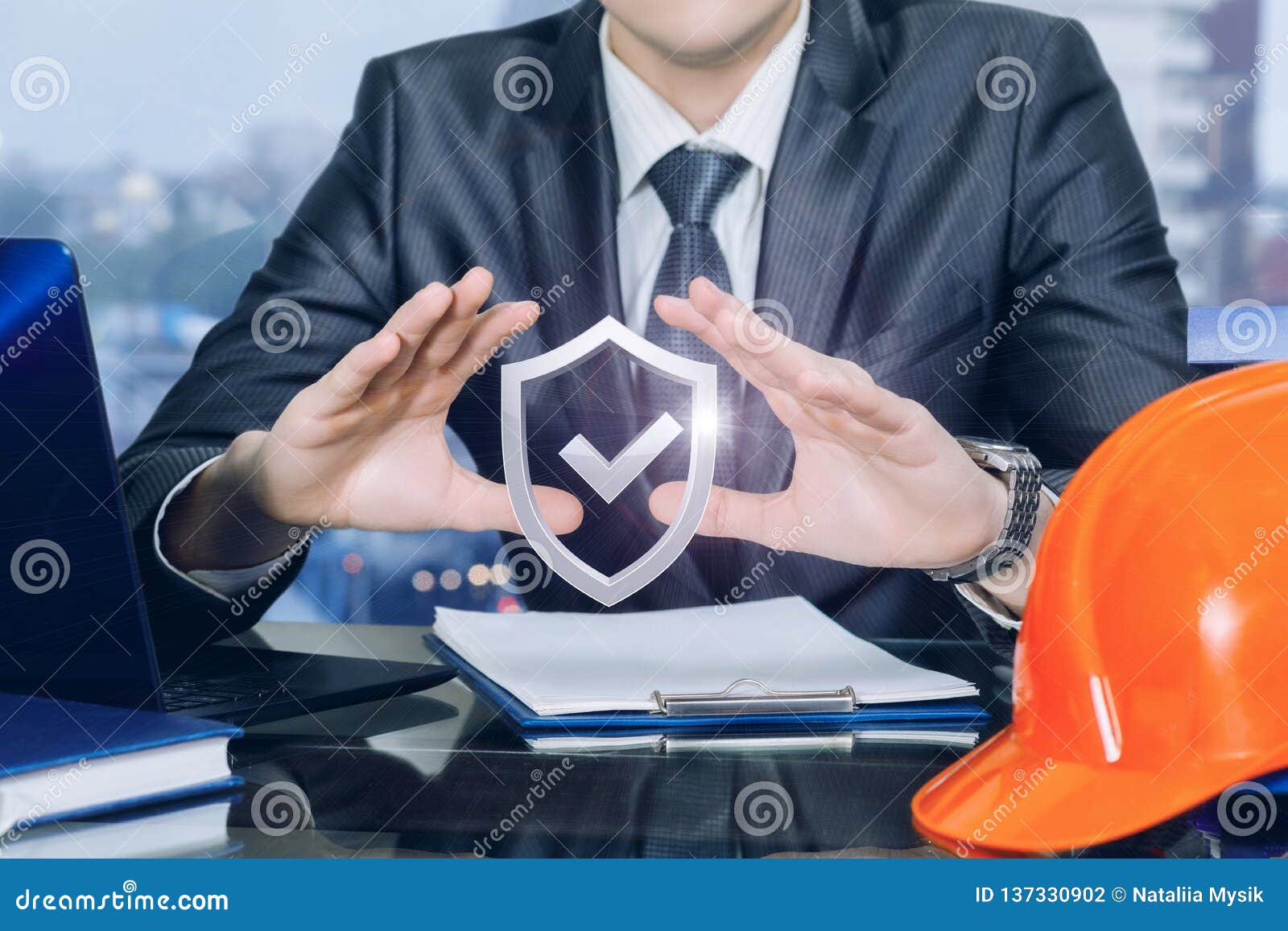 An Engineer with His Hands in Protective Position Under a Shield Symbol ...
