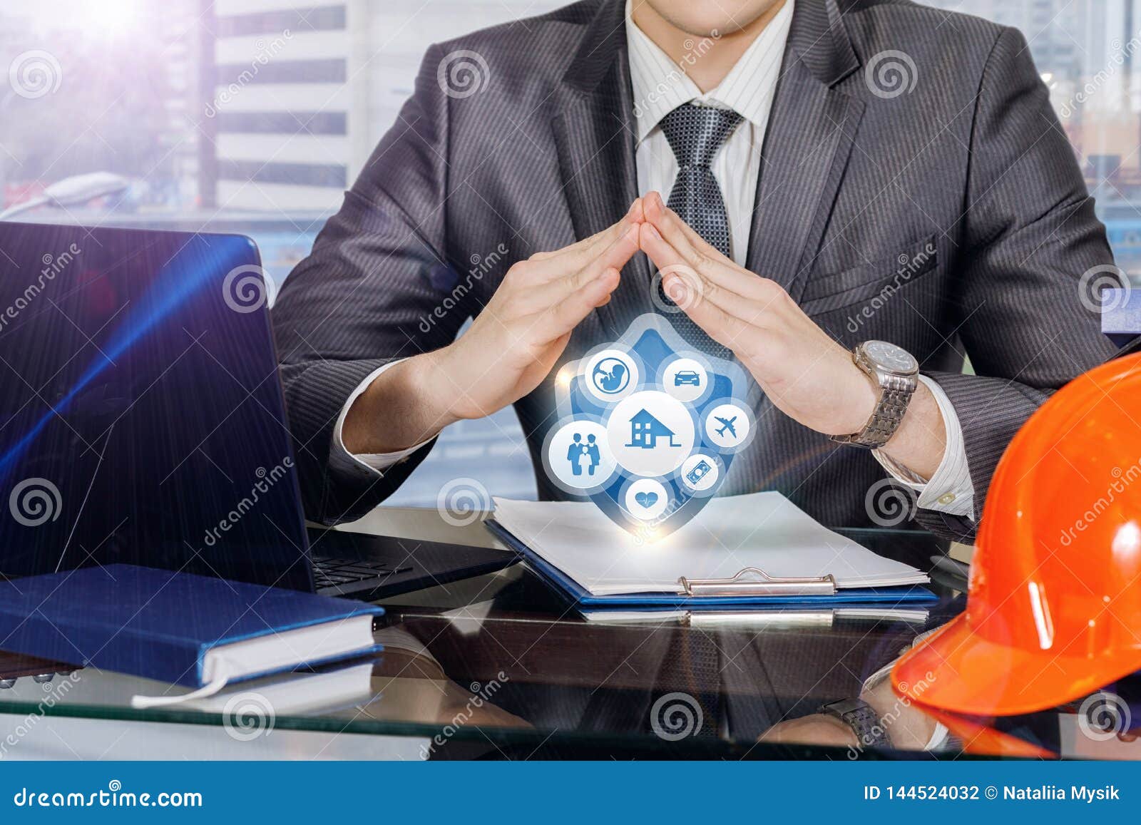 An Engineer with His Hands in Protective Position Under a Shield Symbol ...