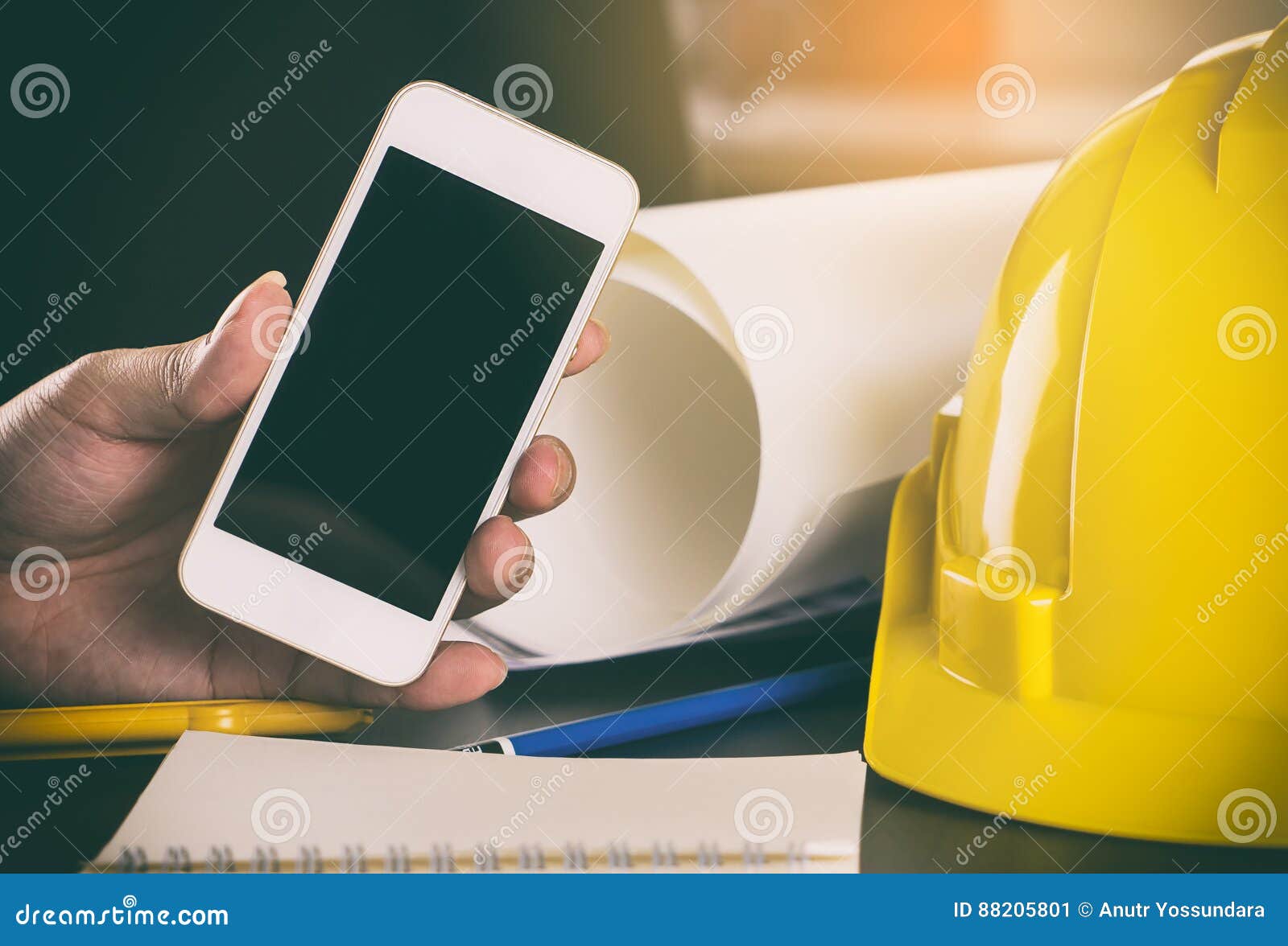 Engineer is Holding a Blank Phone Screen for Mock Up Stock Image ...