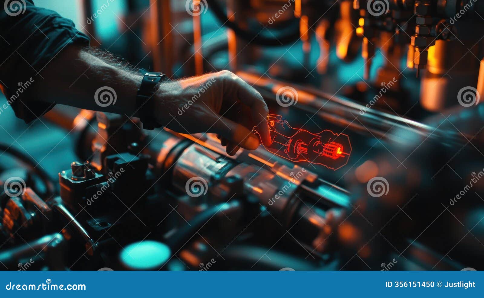 Engineer Holding Futuristic Virtual Engine Component in Modern Factory ...