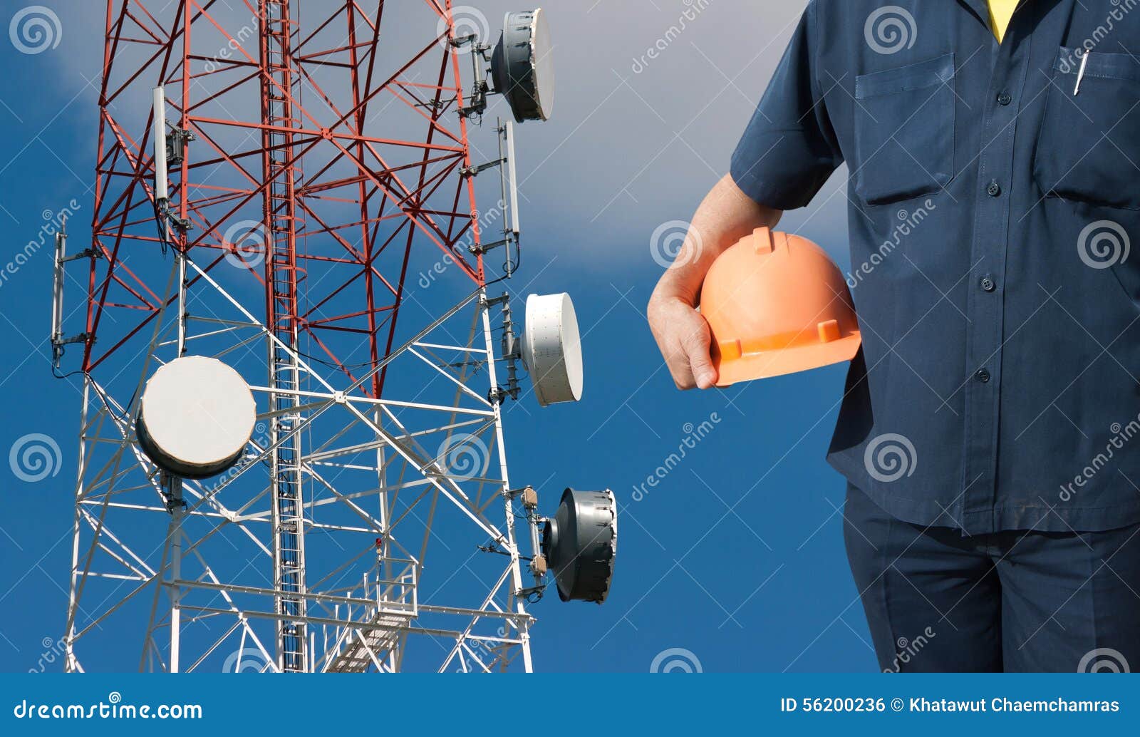 Engineer Holding Orange Helmet on Telecommunications Tower Stock Photo ...