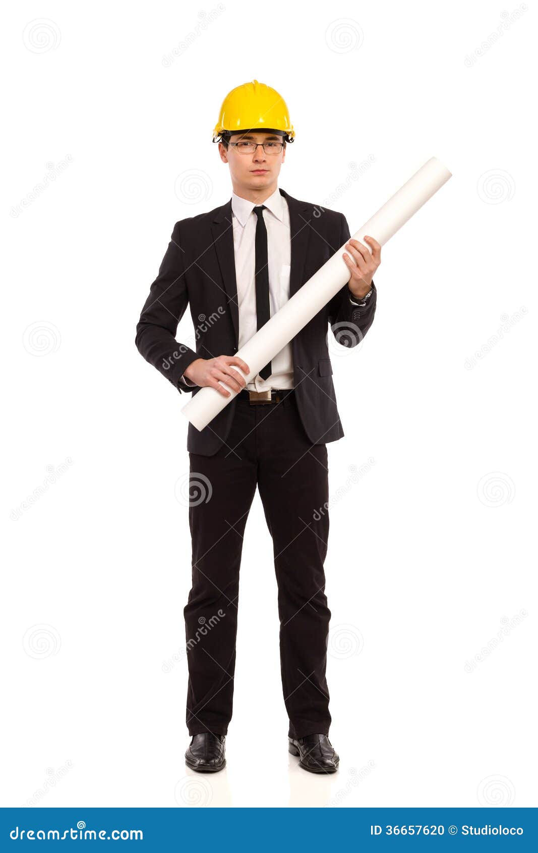 Engineer Holding Rolled Paper Plan. Stock Photo - Image of front ...