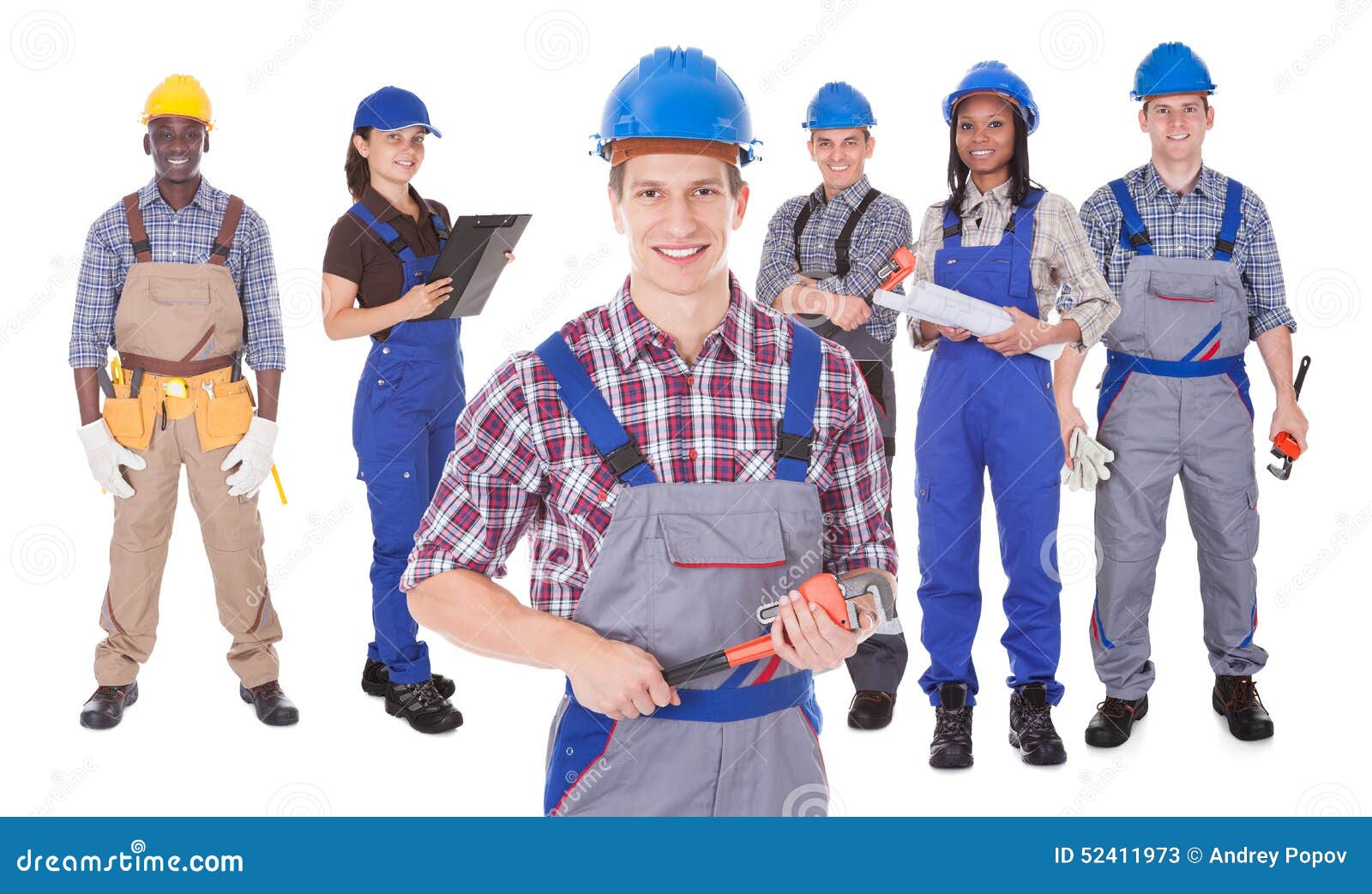 Engineer Holding Tool with Team Against White Background Stock Image ...