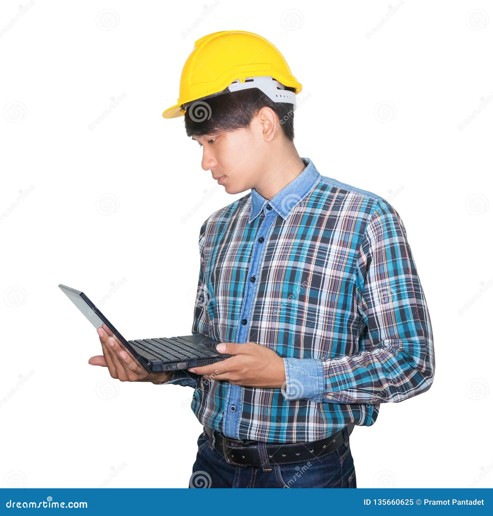 Engineer while Holding Using Laptop and Head Wear White Safety Helmet ...