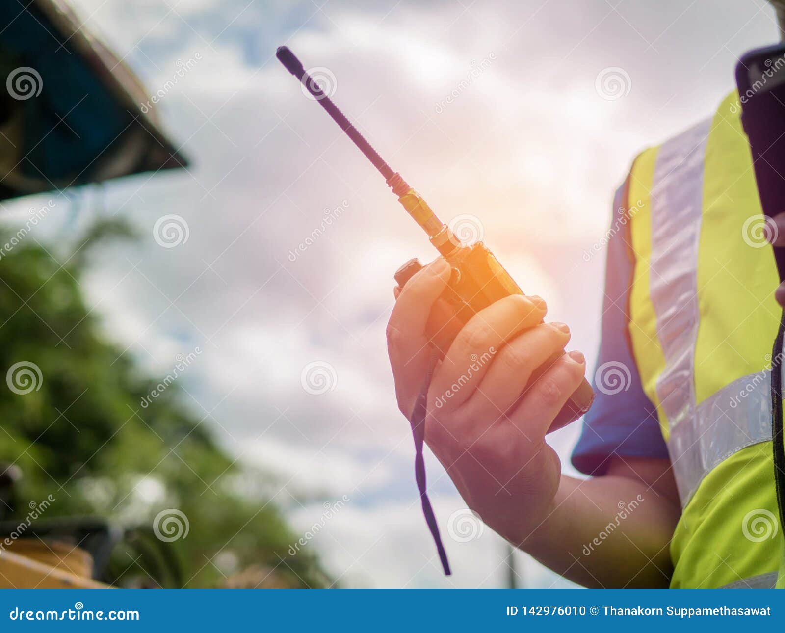Engineer Holding Walkie Talkie Radio on Construction Area Stock Photo ...