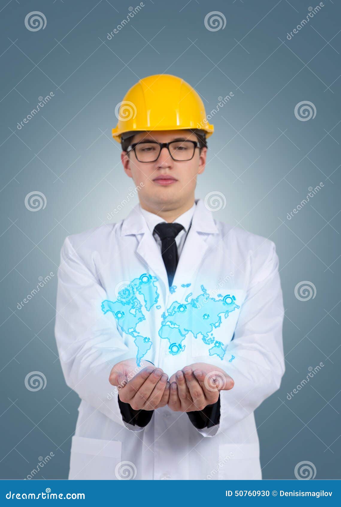 Engineer holding world map stock photo. Image of industrial - 50760930