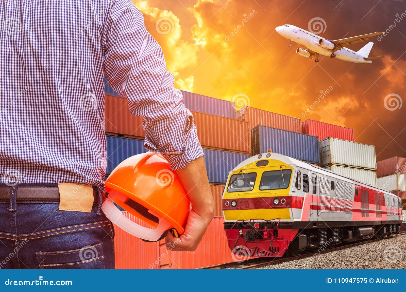 Engineer Holding Yellow Safety Helmet Working Control Commercial Cargo ...
