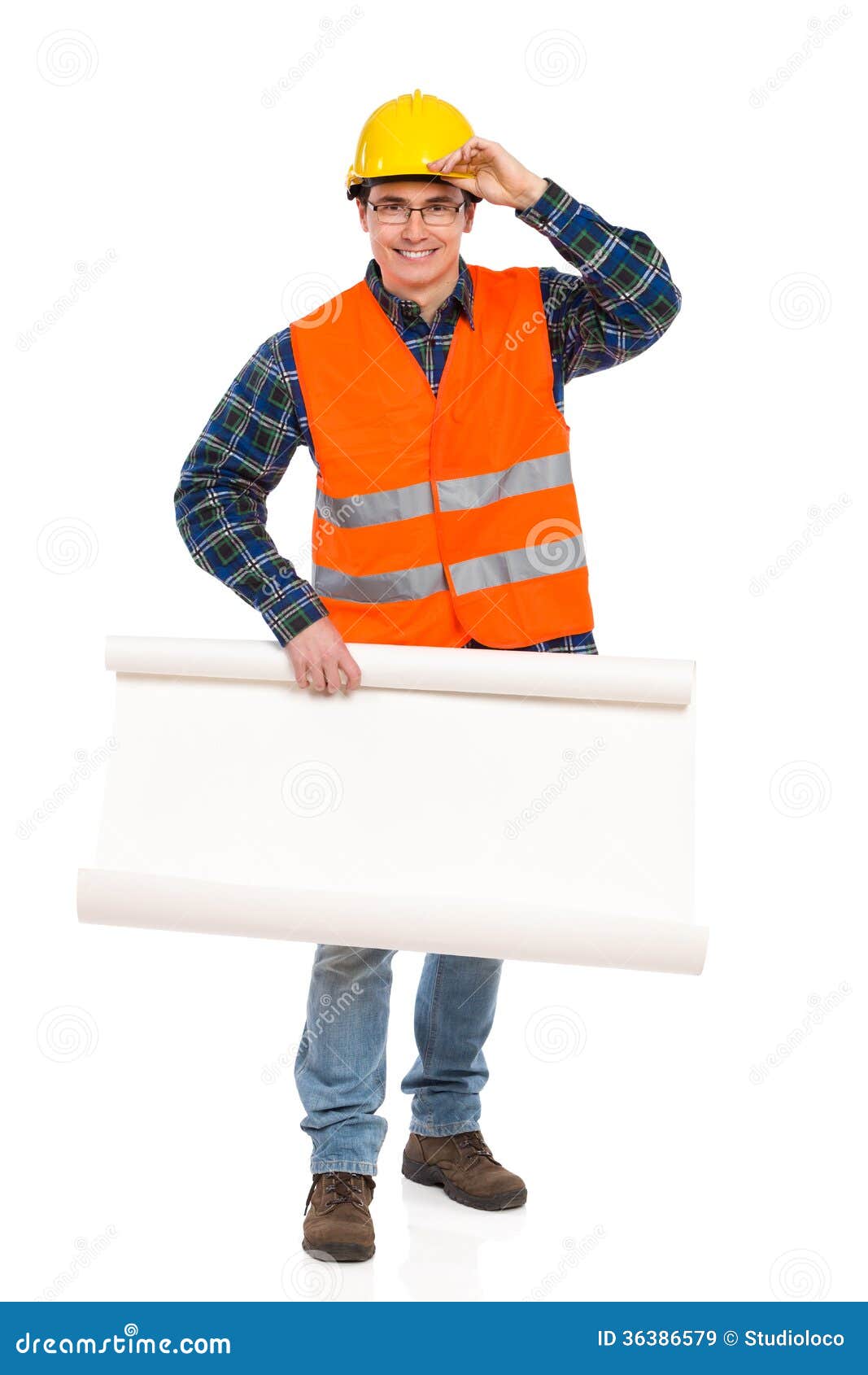 Engineer Holds Open Paper Roll. Stock Image - Image of protective ...
