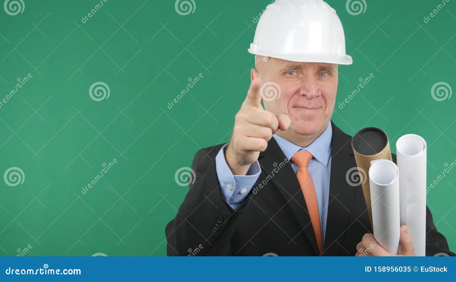 Engineer Image with Plans in Hands Smile Confident and Pointing with ...