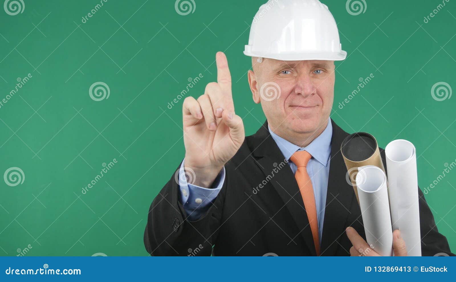 Engineer Image Smiling and Pointing with Finger Up Stock Image - Image ...