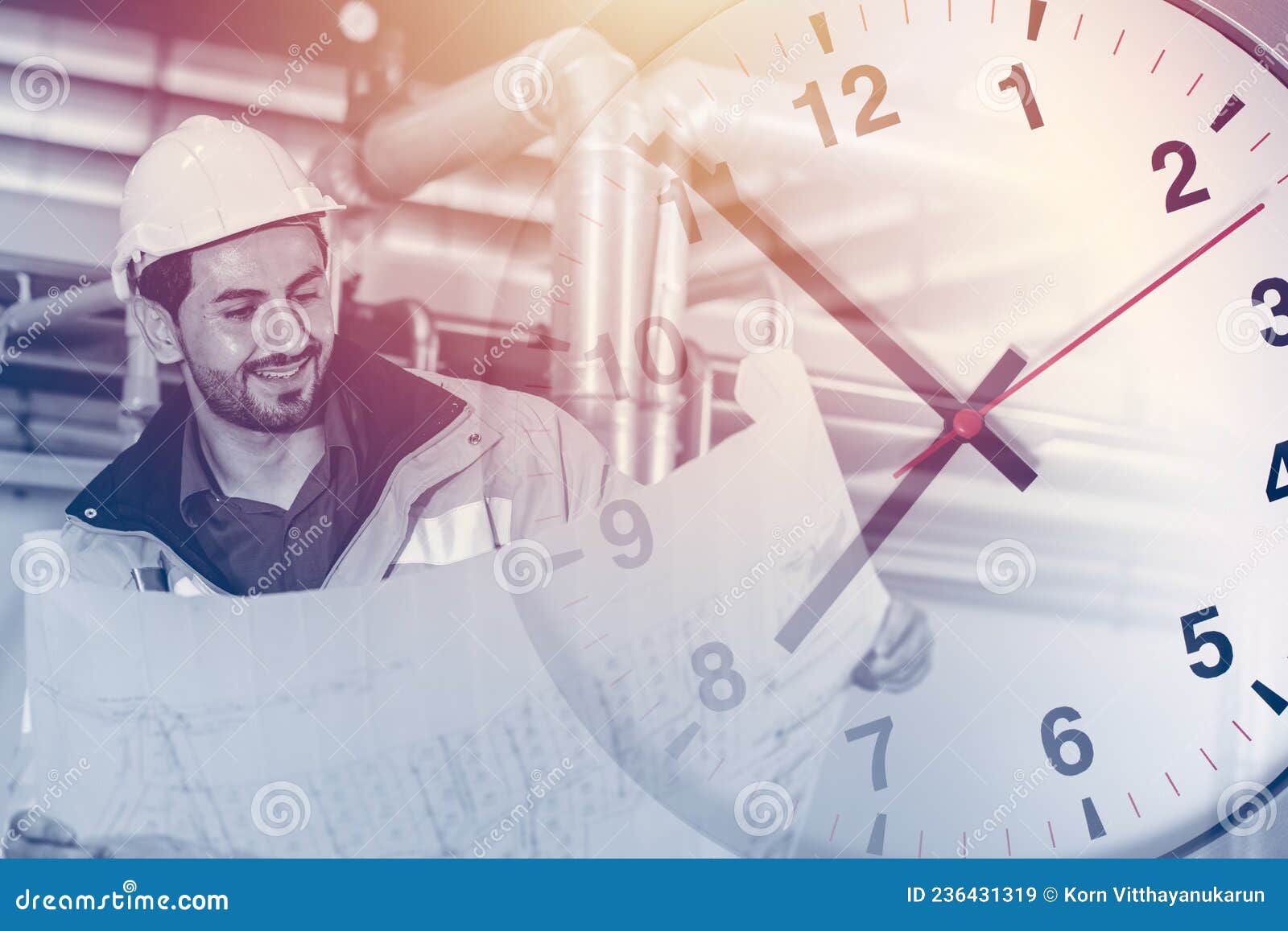 Engineer Industry Worker with Blueprint Overlay with Time Clock for ...