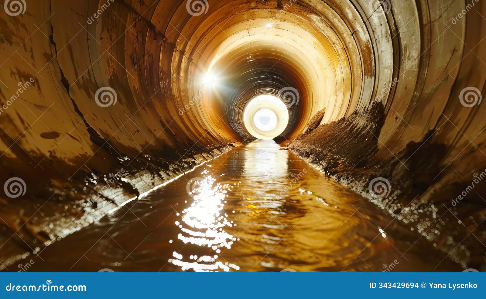 Engineer Inspecting a Large Underground Pipe with Water Flowing ...