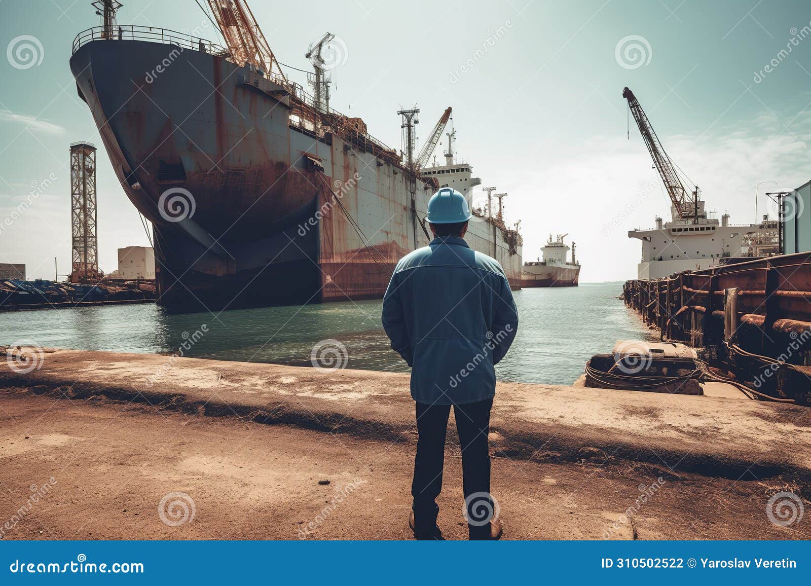 Engineer Inspecting a Massive Ship at the Shipyard Stock Photo - Image ...