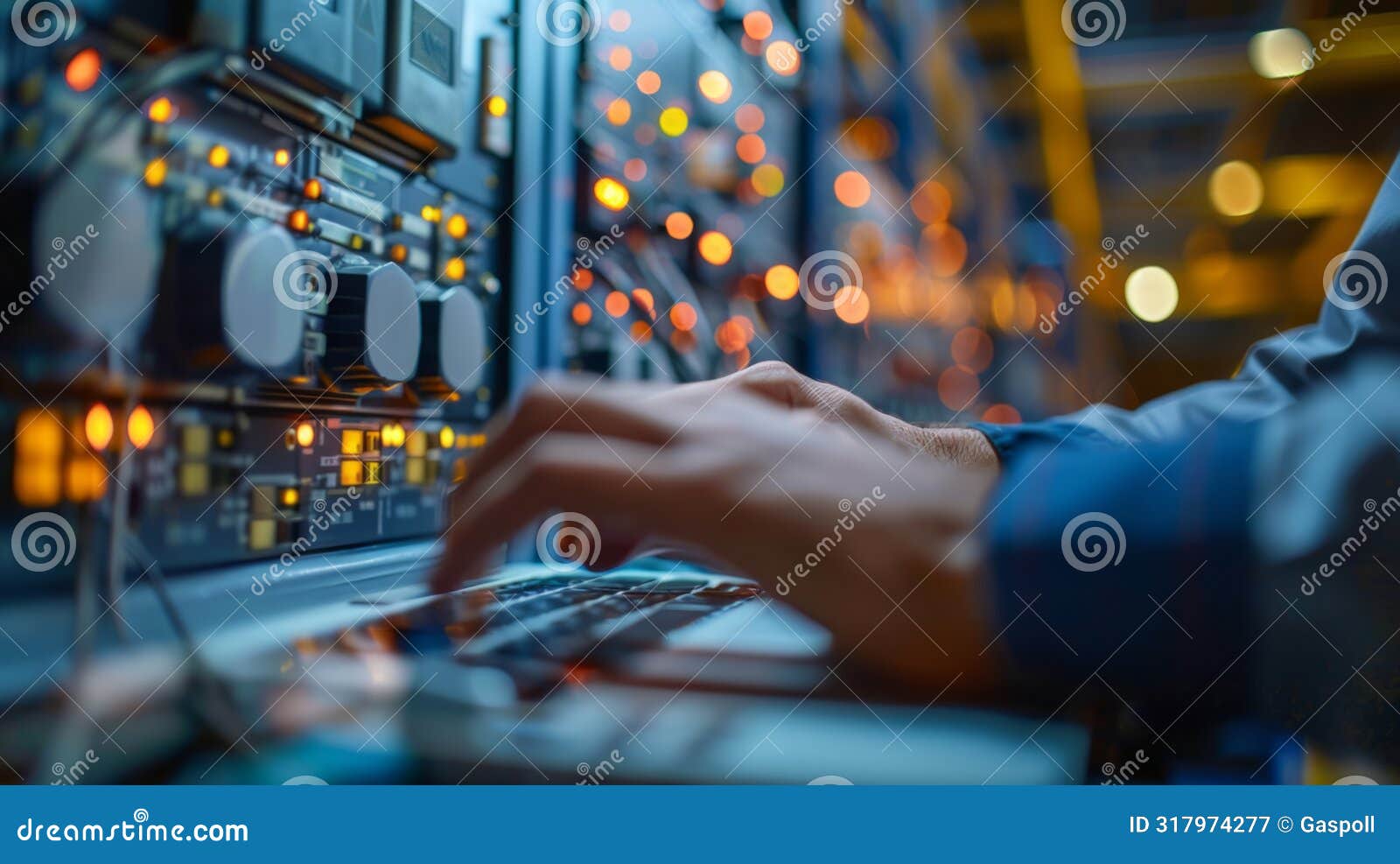 Engineer Inspecting and Typing on Laptop Near Complex Electrical Panel ...