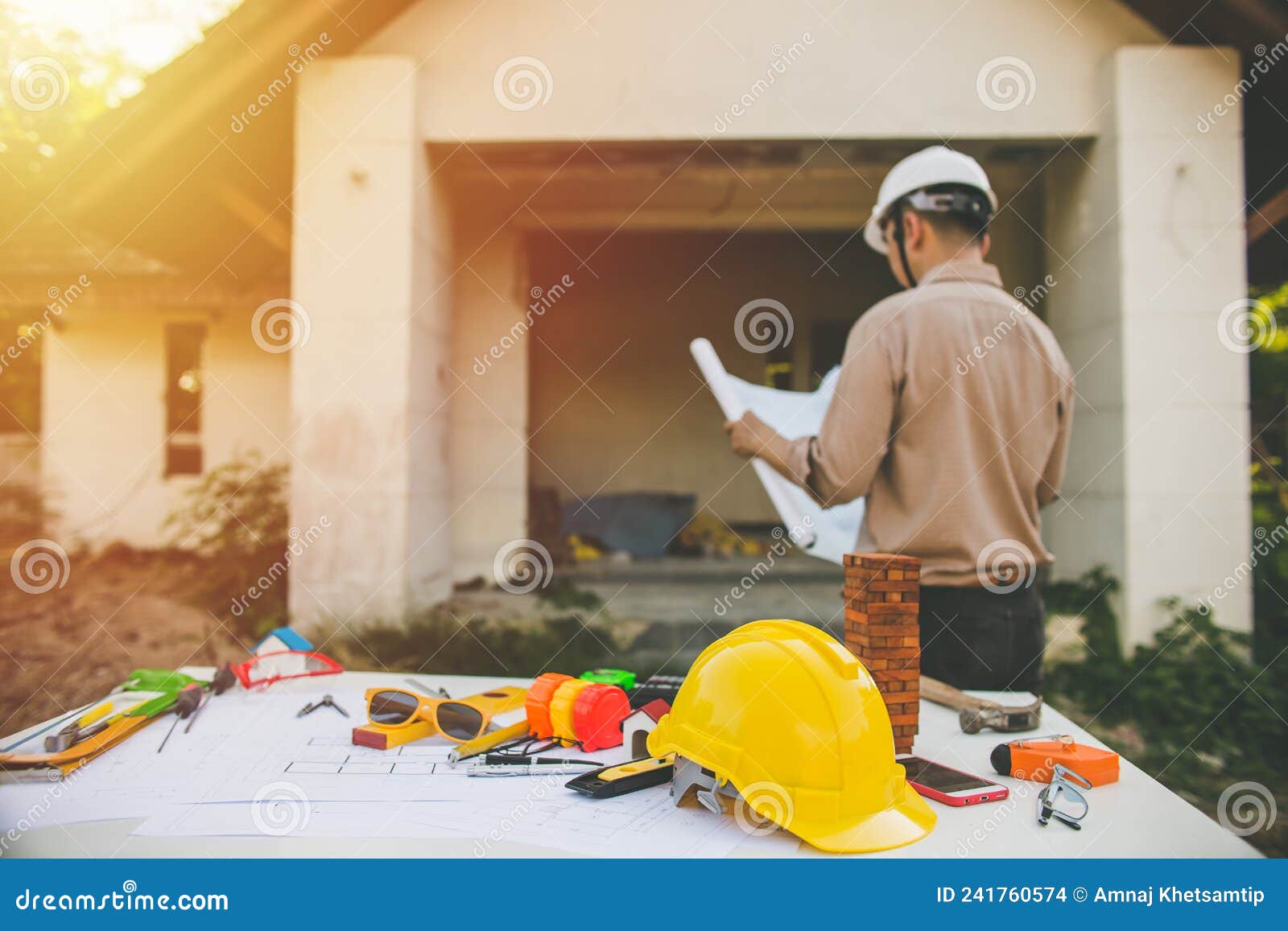 Engineer Inspection in Workplace for Architectural Plan Stock Photo ...