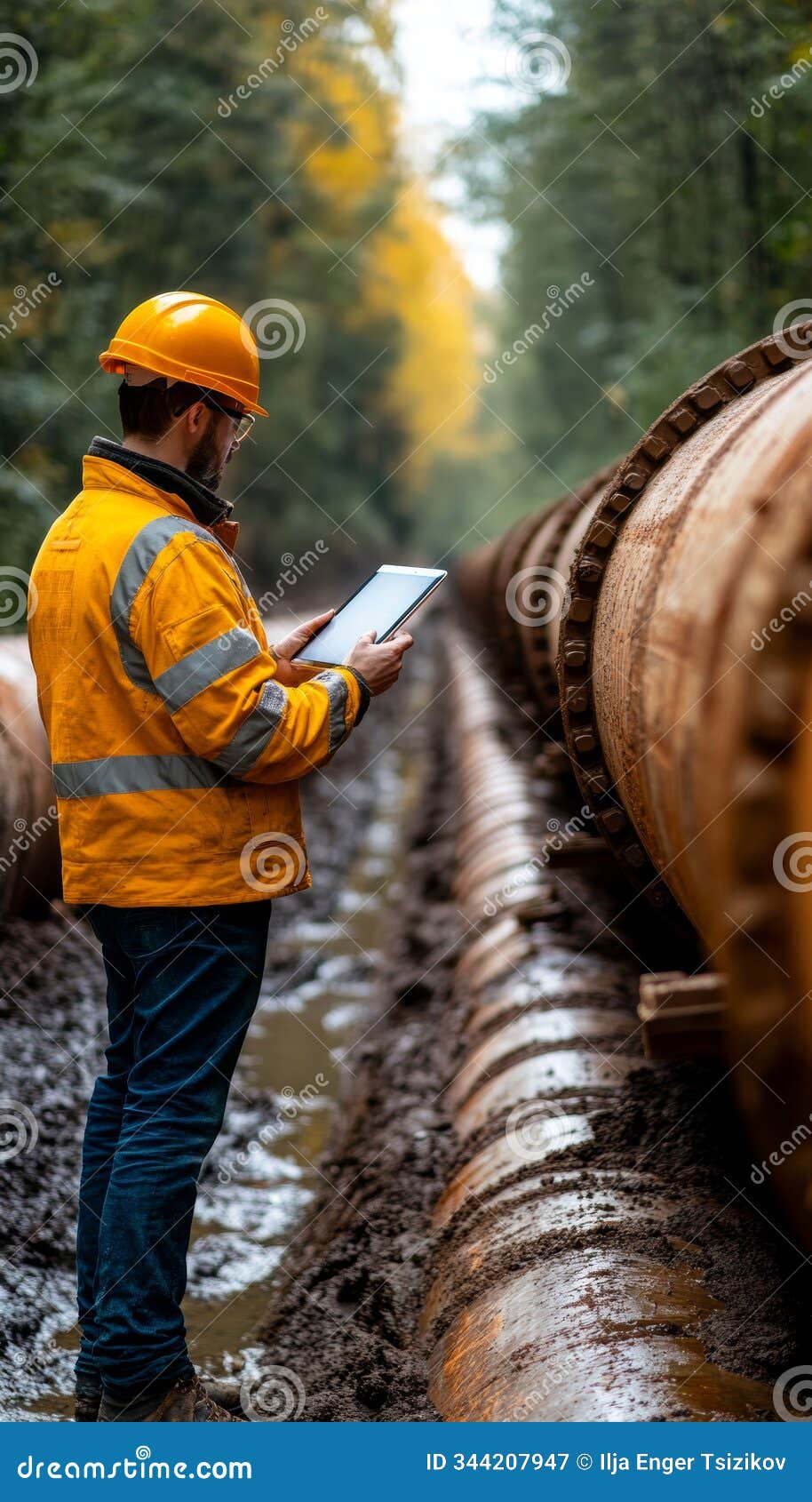 Engineer Inspects Large Industrial Pipe Installation during ...